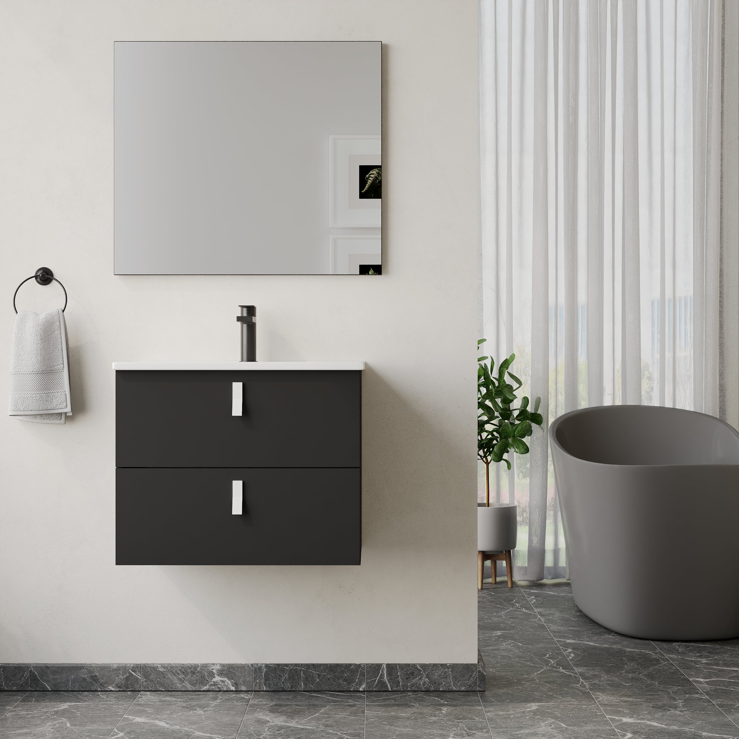 Invicta 600mm Wall Hung Vanity Unit with White Handles - Matt Black ...