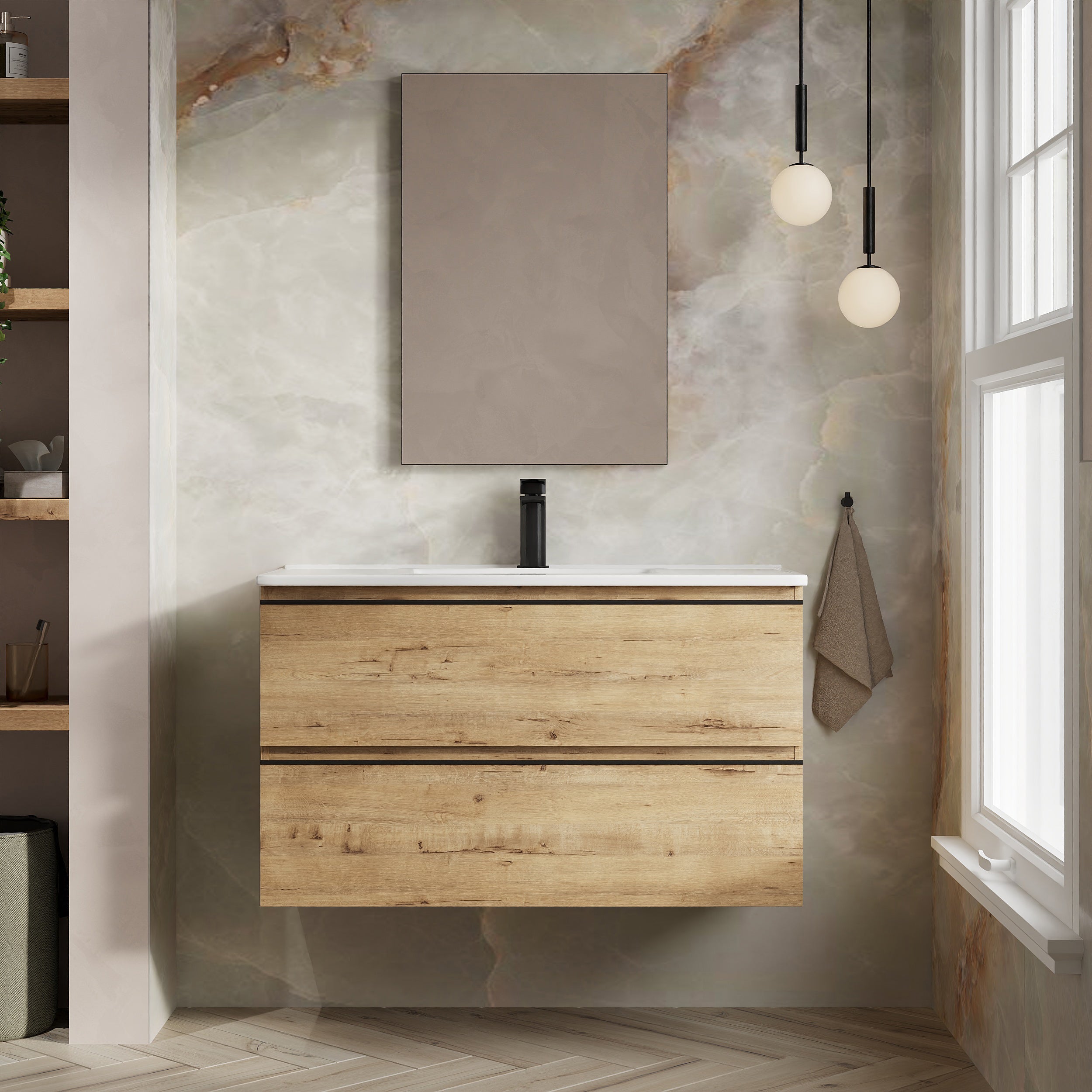 Vatilla 1000mm Wall Hung Vanity Unit with Matt Black Handles - Ostippo ...